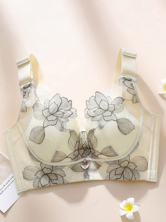 Lace Embroidery Flowers Unpadded Side Support Wireless Bras | Luna's Wish
