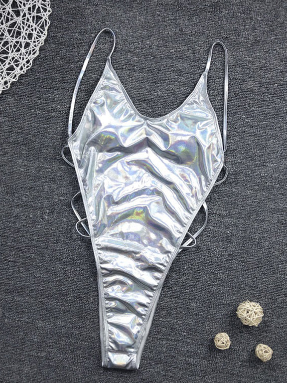 Sexy Metallic Glitter Female Shiny Solid High Cut One Piece Beachwear ...