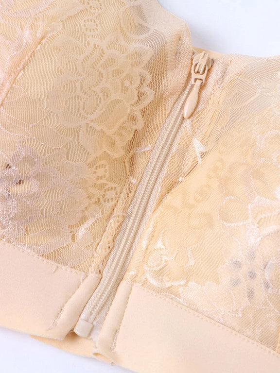 Flower Lace Trim Wireless Zipper Front Bra | Luna's Wish